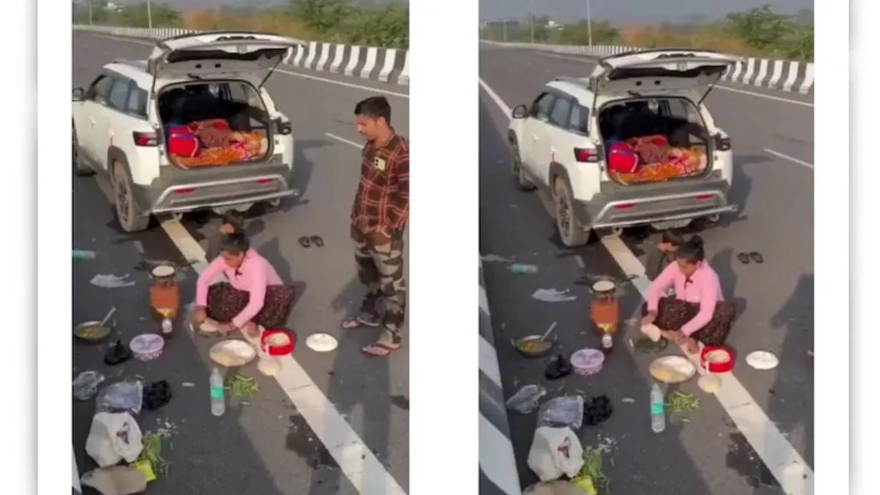 Viral Video: ਹਾਈਵੇਅ 'ਤੇ ਚੁੱਲ੍ਹਾ ਰੱਖ ਕੇ ਰੋਟੀ ਬਣਾਉਣ ਲੱਗੀ ਆਂਟੀ, ਵਾਇਰਲ ਹੋਇਆ ...